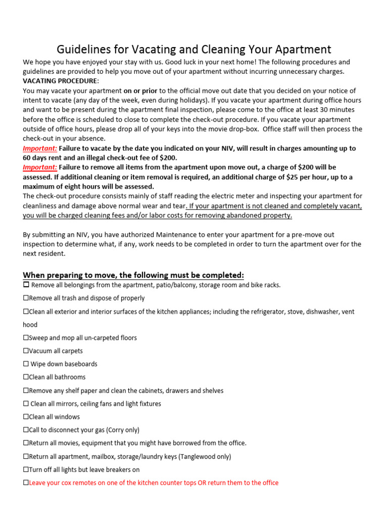 Guidelines For Cleaning Apt at Checkout | PDF