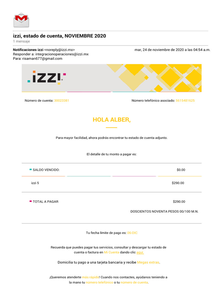 Gmail - izzi, estado de cuenta, NOVIEMBRE 2020 | PDF