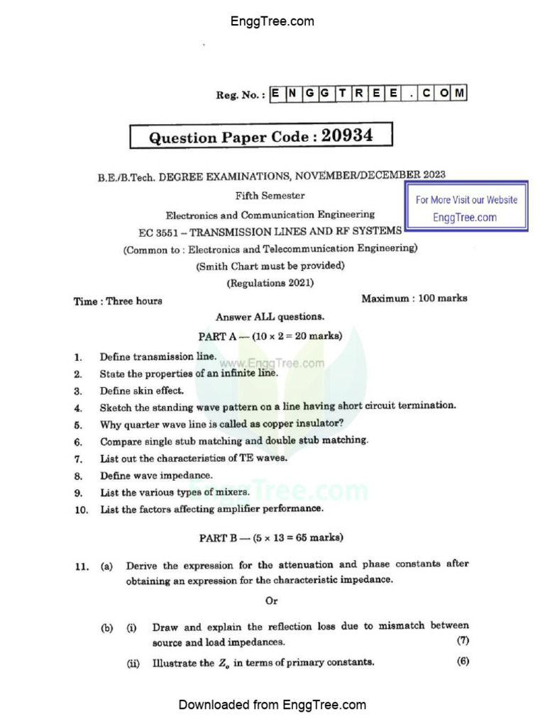EC3551 Transmission Lines and RF Systems Nov Dec 2023 Question Paper ...