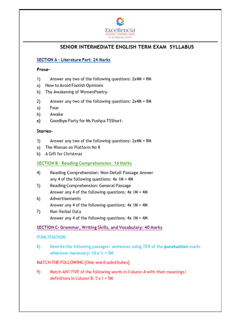 Intermediate Second Year English Term Exam Syllabus | PDF