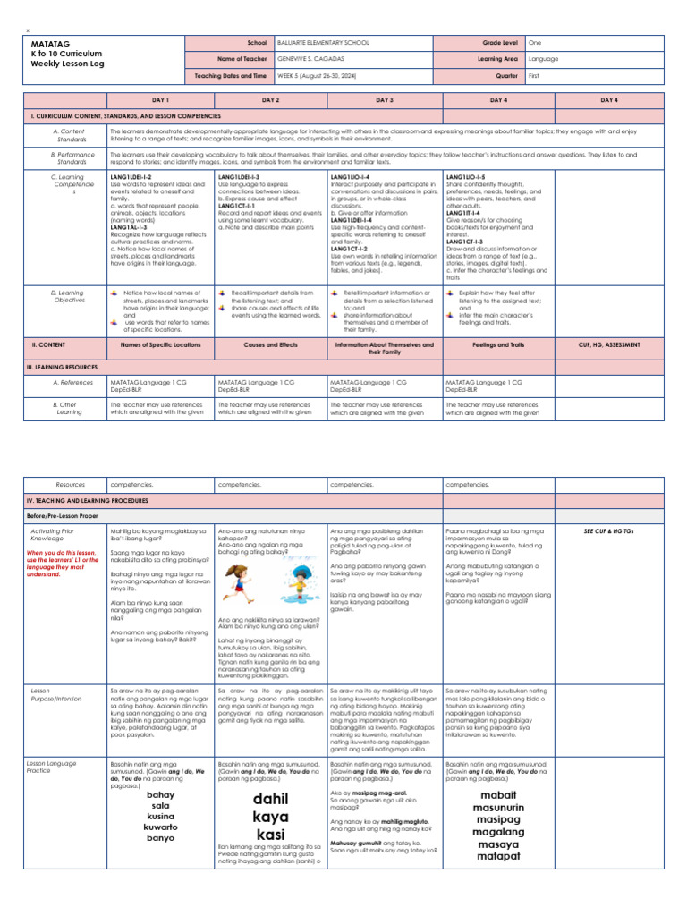 W5 Q1 Language1 Matatag DLL | PDF | Curriculum | Learning