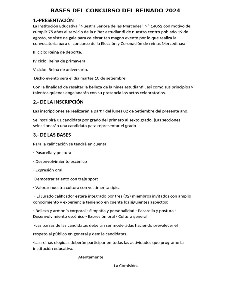 BASES DEL CONCURSO DE REINADO Original | PDF