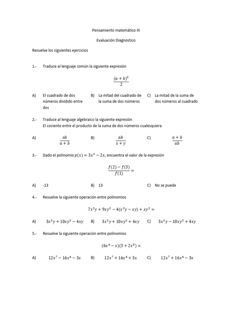 Diagnostico Del Pensamiento Matemático III | PDF