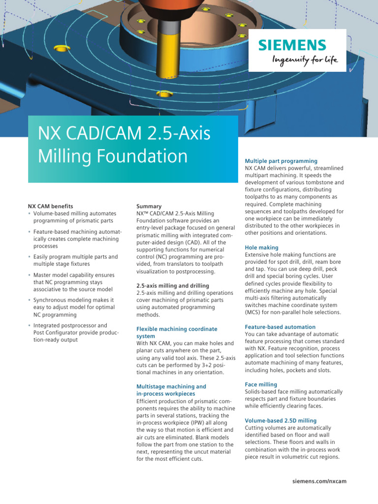 Siemens SW NX CAD CAM 2.5 Axis Milling Foundation Fact Sheet | PDF