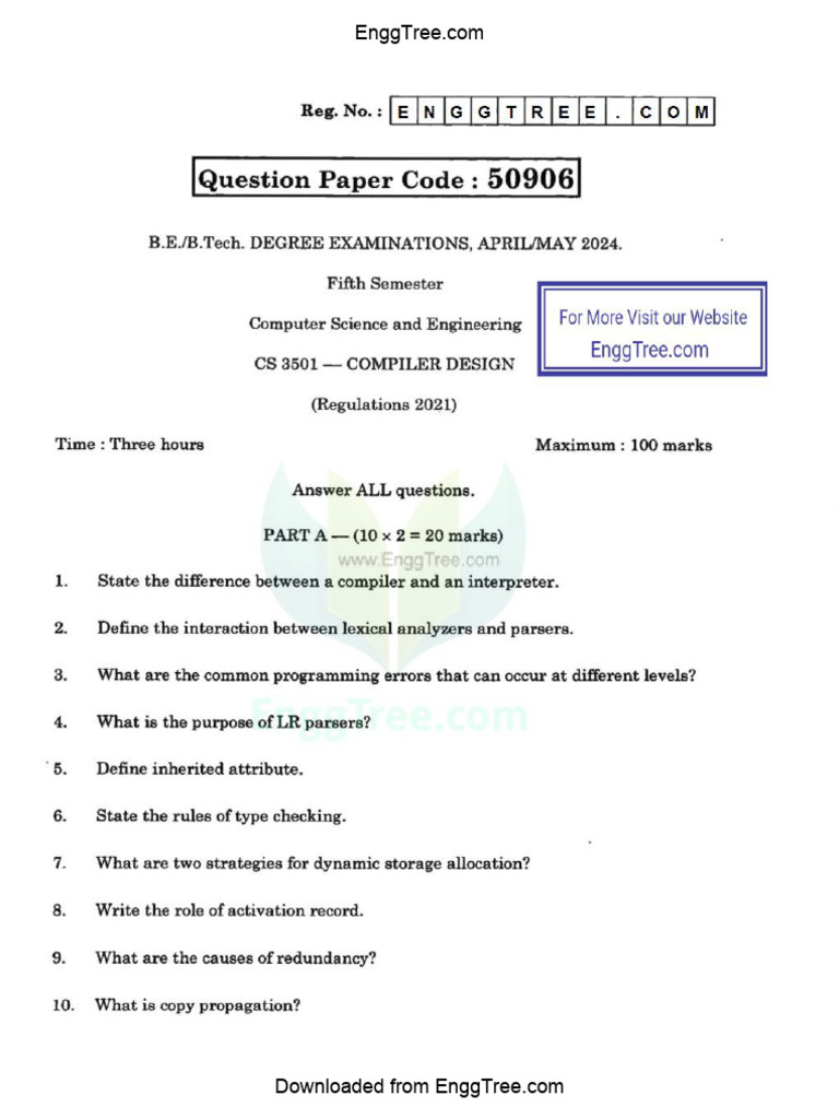 CS3501 Compiler Design Apr May 2024 Question Paper Download | PDF