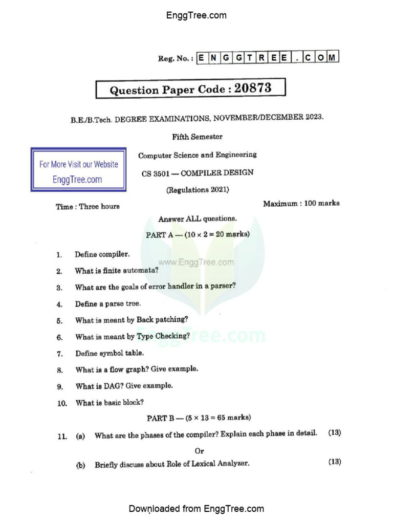 CS3501 Compiler Design Nov Dec 2023 Question Paper Download | PDF
