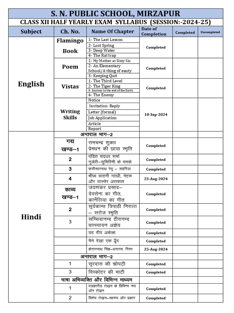 SYLLABUS CLASS-12th HALF YEARLY 2024-25 | PDF
