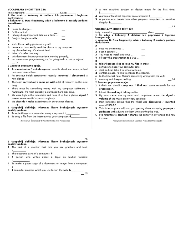 Vocab - Short Test - Unit - 12A&12B | PDF