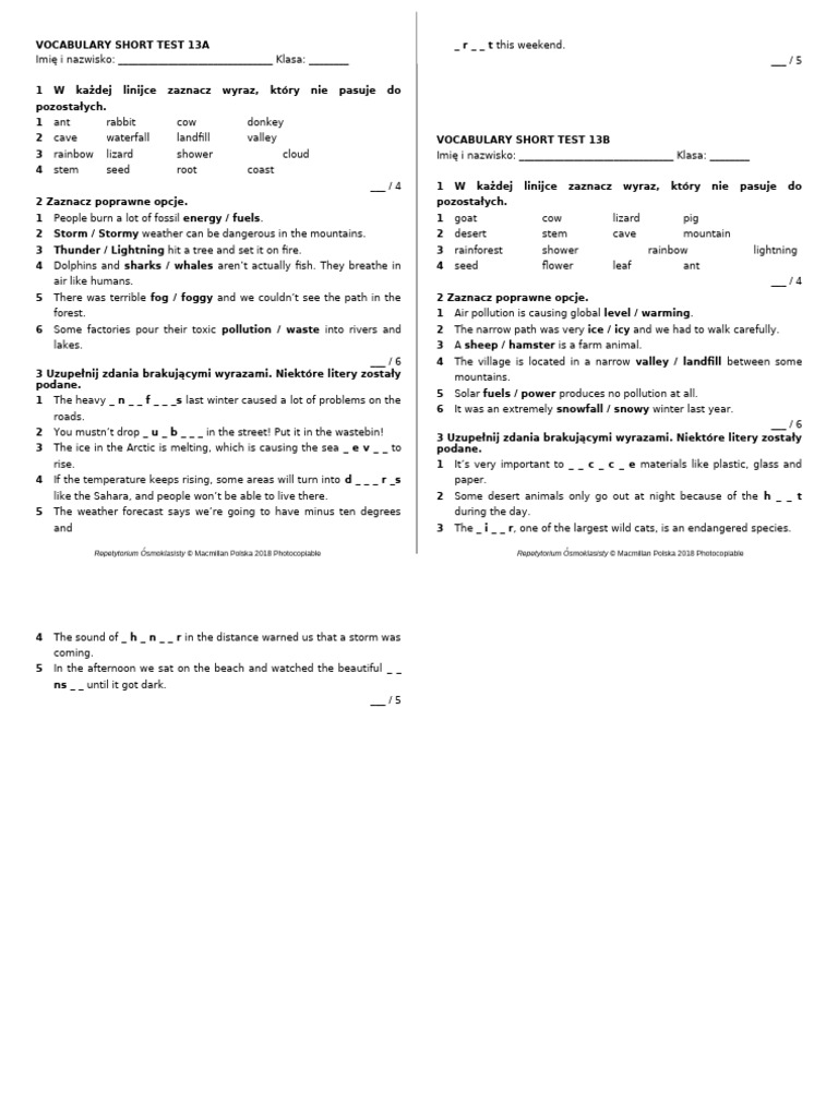 Vocab - Short Test - Unit - 13A&13B | PDF