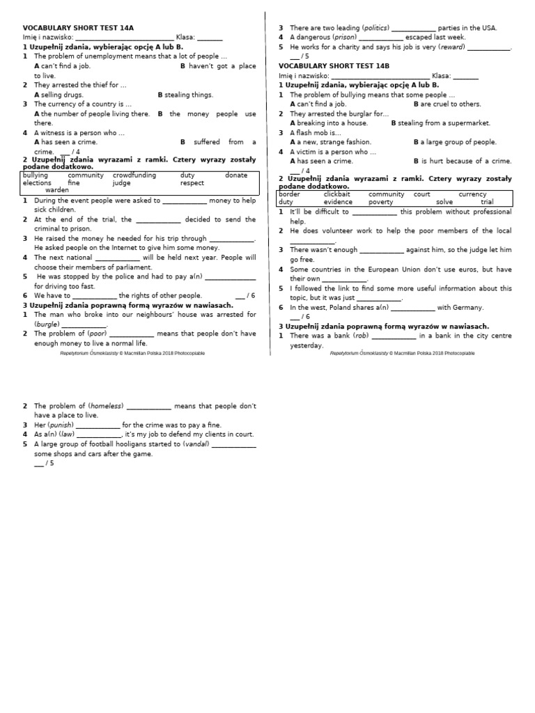 Vocab - Short Test - Unit - 14A&14B | PDF