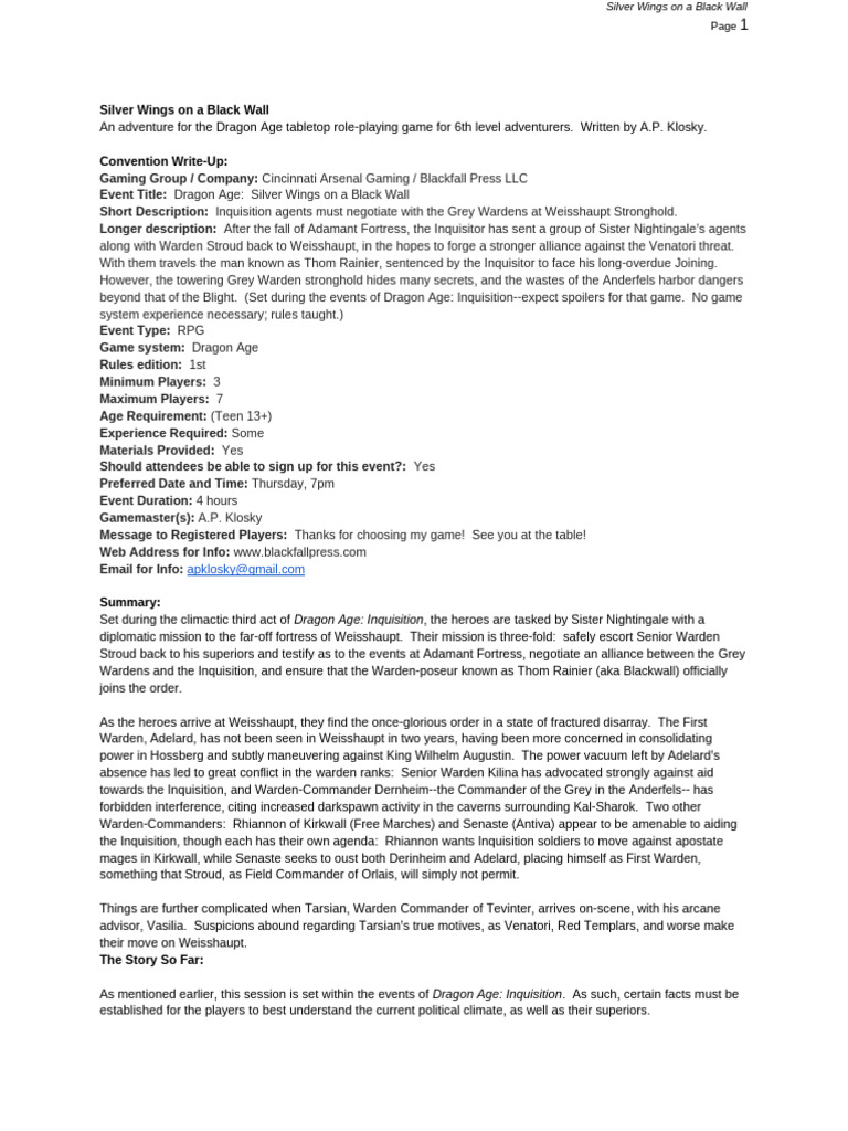 Dragon Age RPG - One Shot - Silver Wings On A Black Wall | PDF