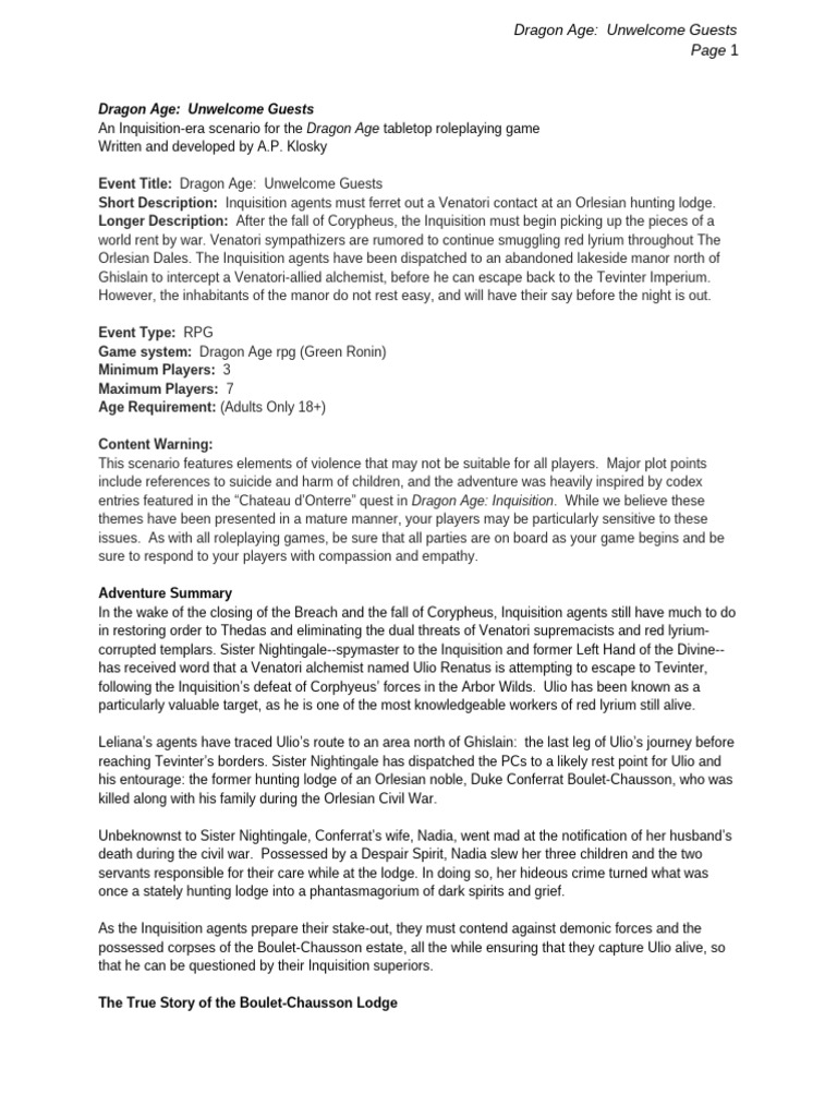 Dragon Age RPG One-Shot - Unwelcome Guests - Adventure Outline and ...