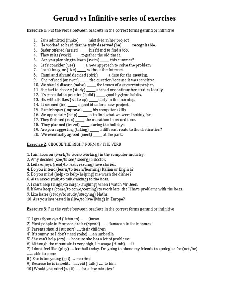 Gerund Vs Infinitive Series of Exercises | PDF