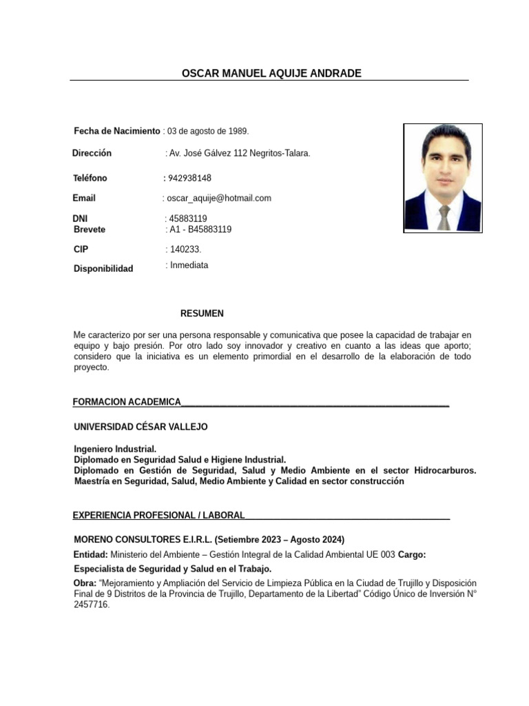 CV - AQUIJE ANDRADE OSCAR - Corregido | PDF