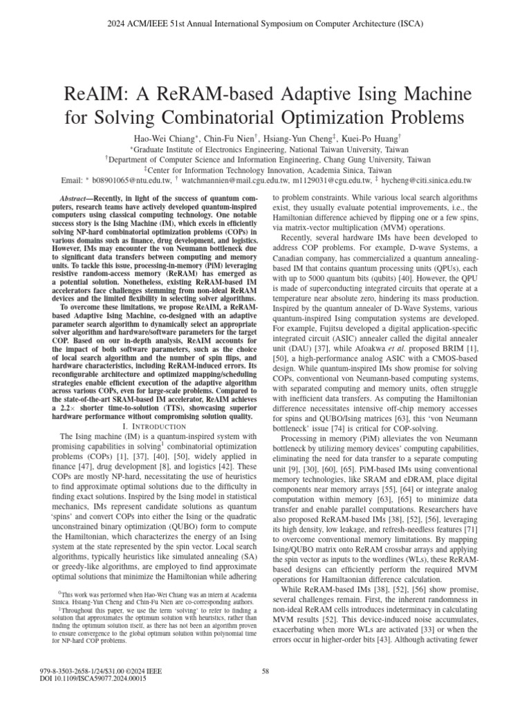 Reaim: A Reram-Based Adaptive Ising Machine For Solving Combinatorial Optimization Problems | PDF