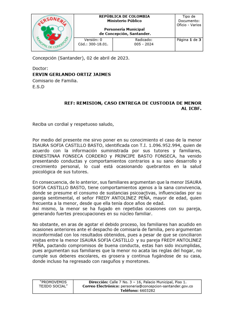 Oficio Remision A Comisaria de Familia Caso ISAURA SOFIA BASTO | PDF