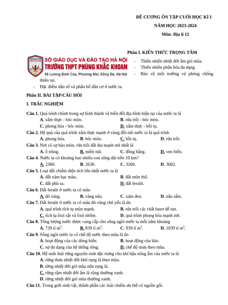 ĐỀ CƯƠNG ĐỊA LÍ 12- CHKI- GV | PDF