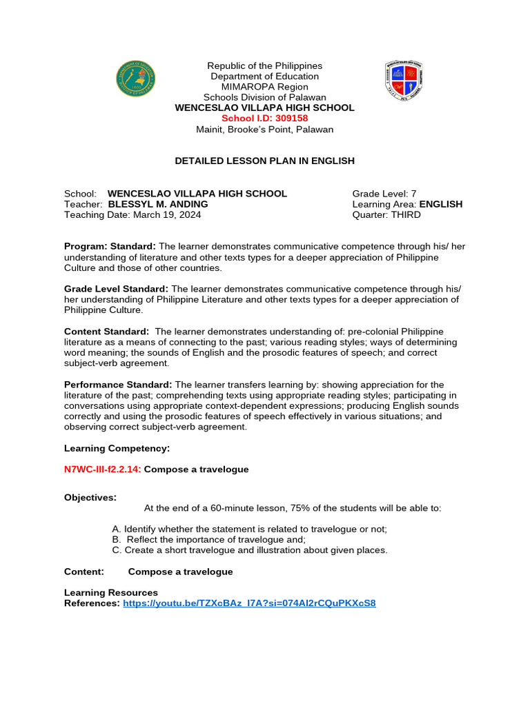 Lesson Plan For Grade 7 Q-3 Composed A Travelogue | PDF