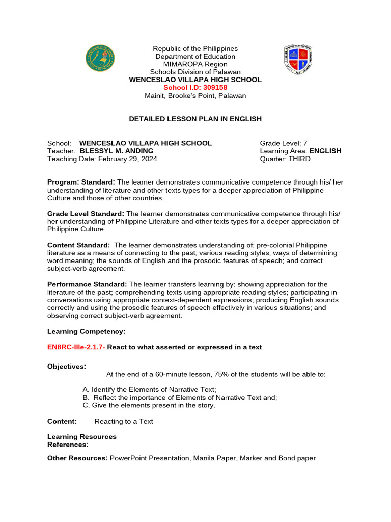 Lesson Plan For Grade 7 Q-3 Module 6 - Elements of Narrative Text | PDF | Narrative | Lesson Plan