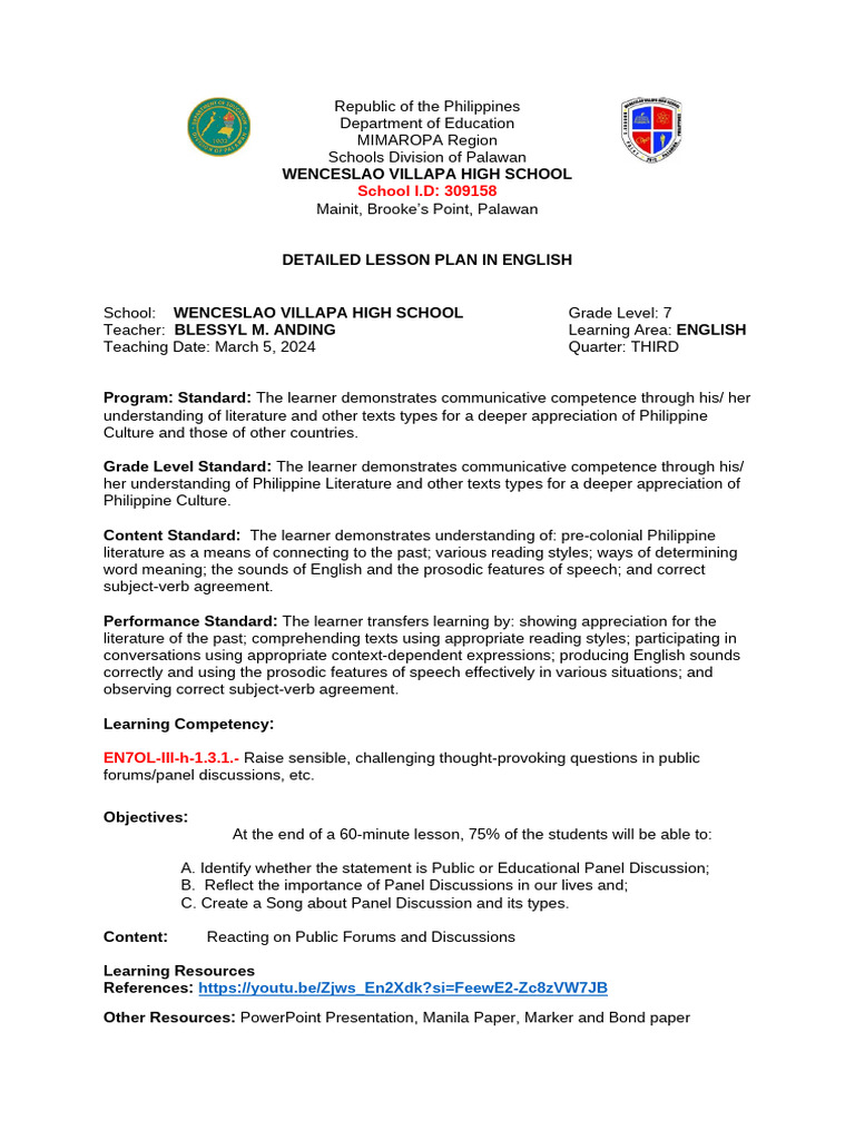 Lesson Plan For Grade 7 Q-3 Module 7-Panel Discussion | PDF | Lesson Plan | Learning