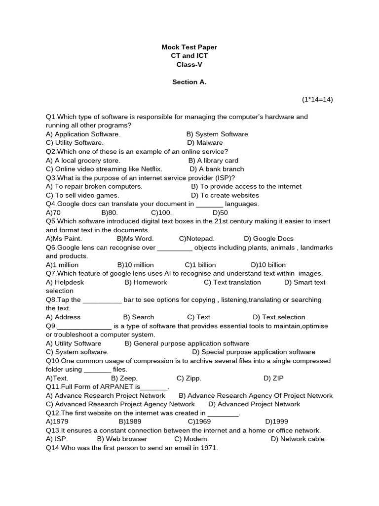 Sample Paper Class 5 | PDF