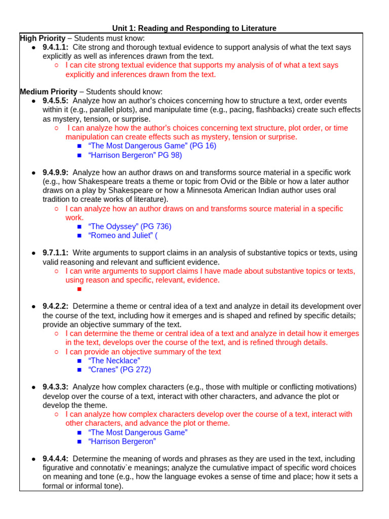 Unit1 ReadingandRespondingtoLiterature | PDF