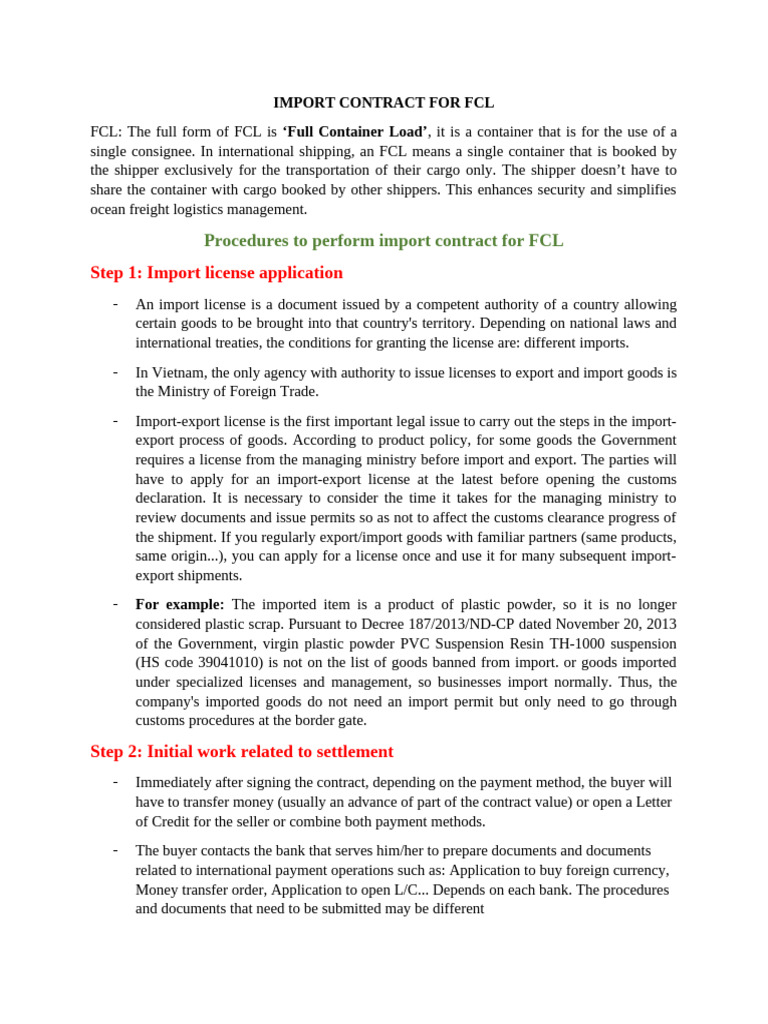 THUYẾT TRÌNH - IMPORT CONTRACT FOR FCL | PDF
