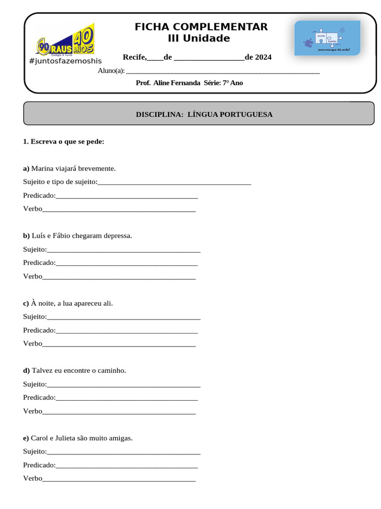 FICHA COMPLEMENTAR - 7º Ano - Sujeito e Predicado | PDF