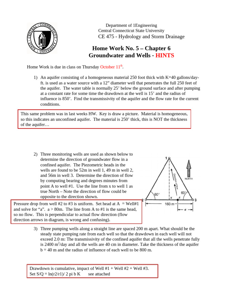 HW HINTS CE475 HW 5 CH6 Wells Steady and Unsteady State | PDF