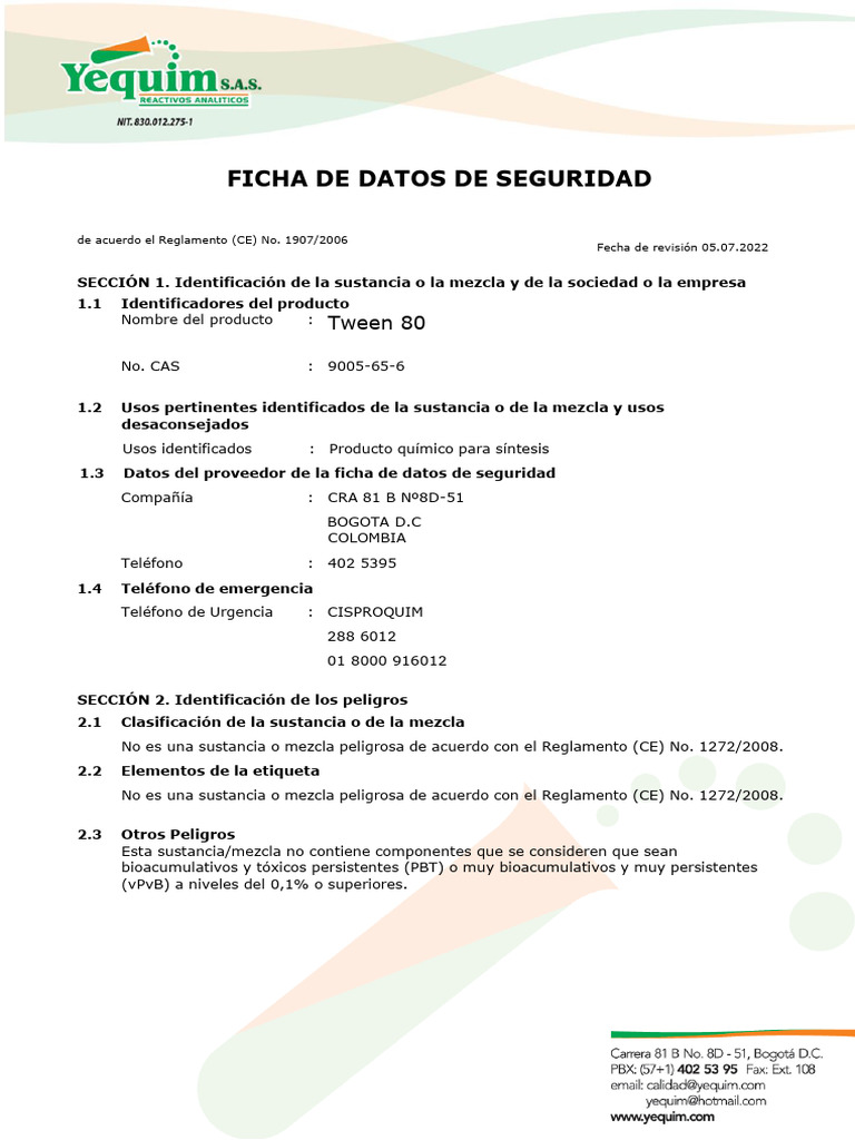 Hoja de Seguridad Tween 80 | PDF