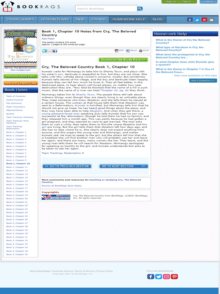 Notes On Book 1, Chapter 10 From Cry, The Beloved Country | PDF