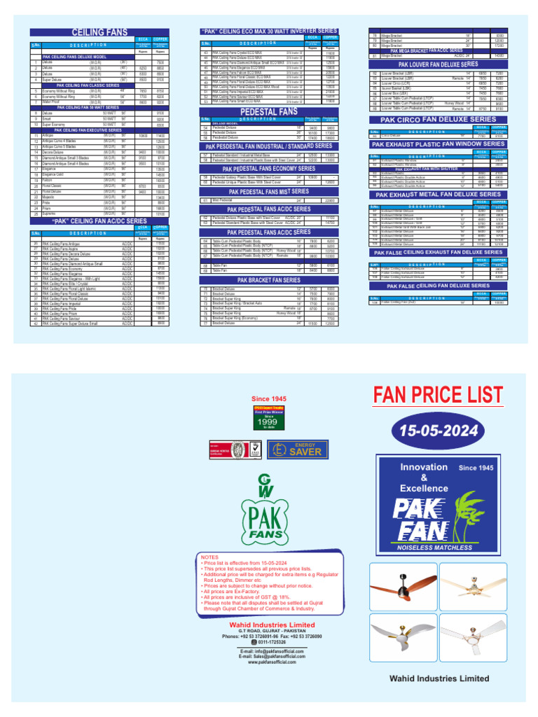 Pak Fan Fan Price List 15-05-2024. | PDF