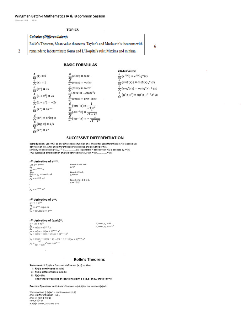 Module2. Calculus (Differentiation) Wingman Batch-I | PDF
