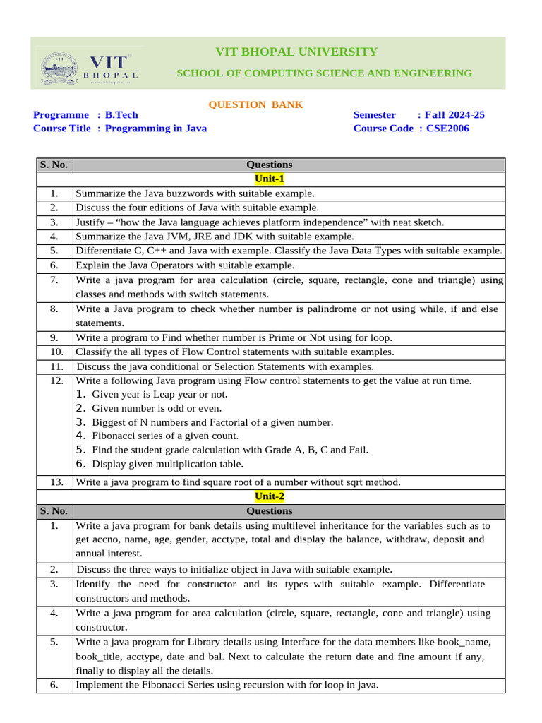 CSE2006 - Java - Question - Bank (All) | PDF CSE2006 - Java - Question - Bank (All) | PDF