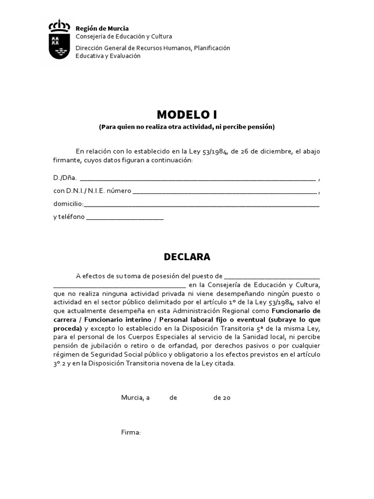 Declaraciขn Jurada - Modelo I (Para Personas Que No Solicitan Compatibilidad) | PDF