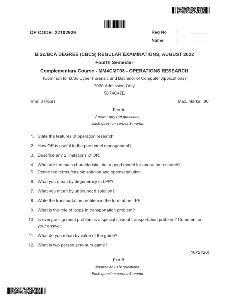 Bca Semester IV Operations Research 2022 Question Paper | PDF