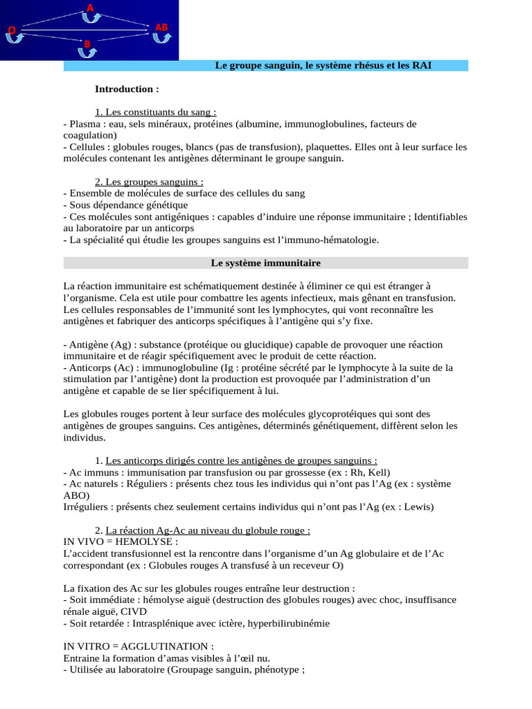 Le Groupe Sanguin, Sytème ABO Et RAI | PDF