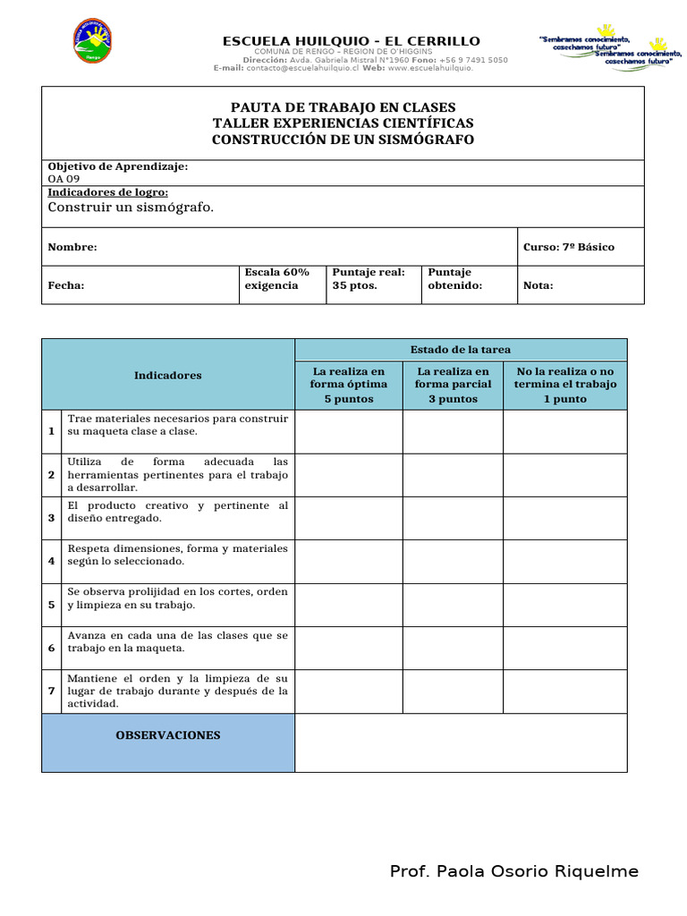 Pauta de Evaluacion Trabajo en Clases - Sismografo - Septimo - 2024 - Taller | PDF