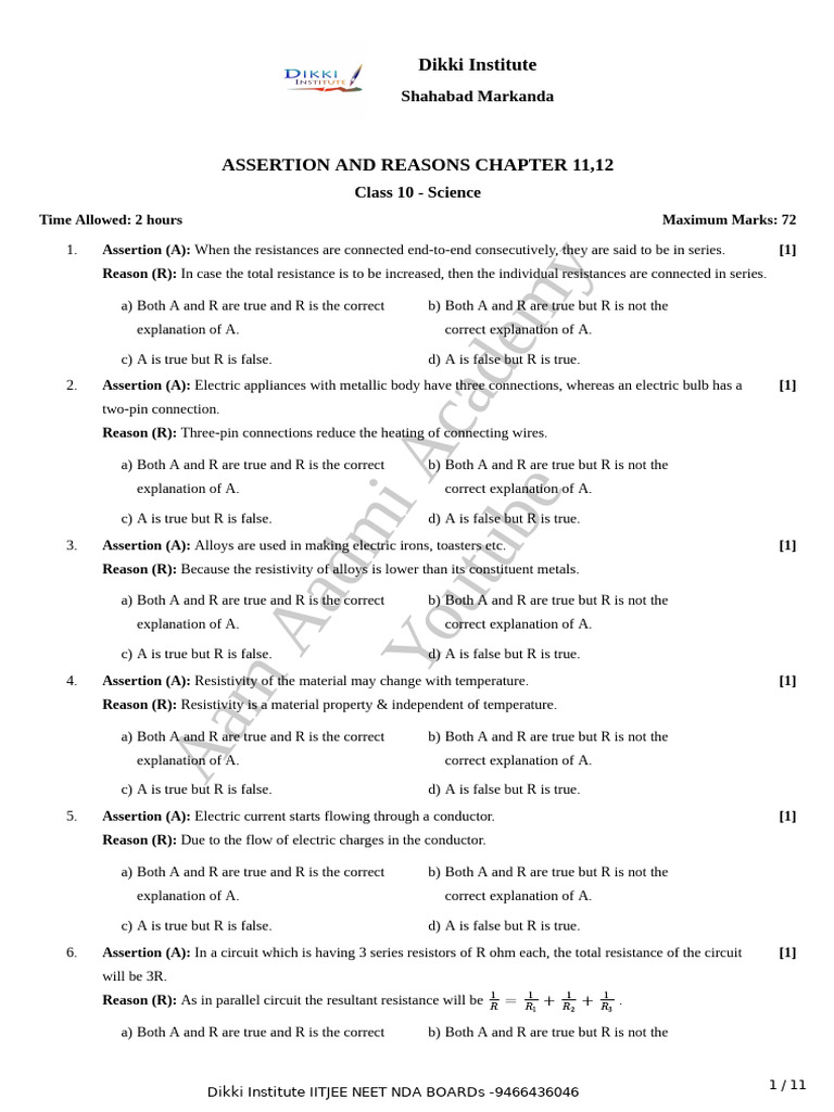 Chapter 11,12 Assertion and Reasons | PDF | Electrical Resistance And ...