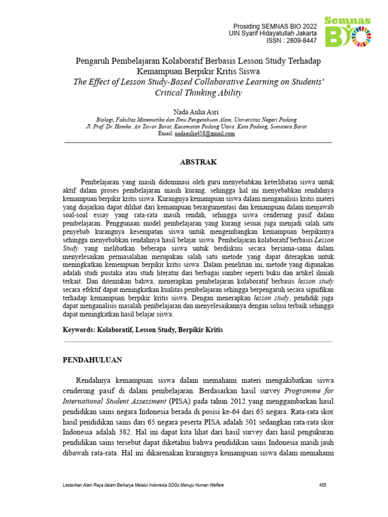 The Effect of Lesson Study-Based Collaborative Learning On Students' Critical Thinking Ability | PDF