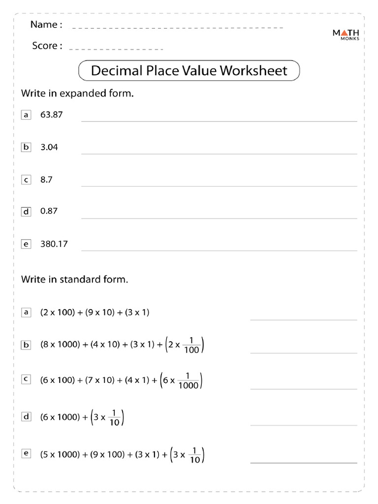 Decimal Place Value Worksheet | PDF