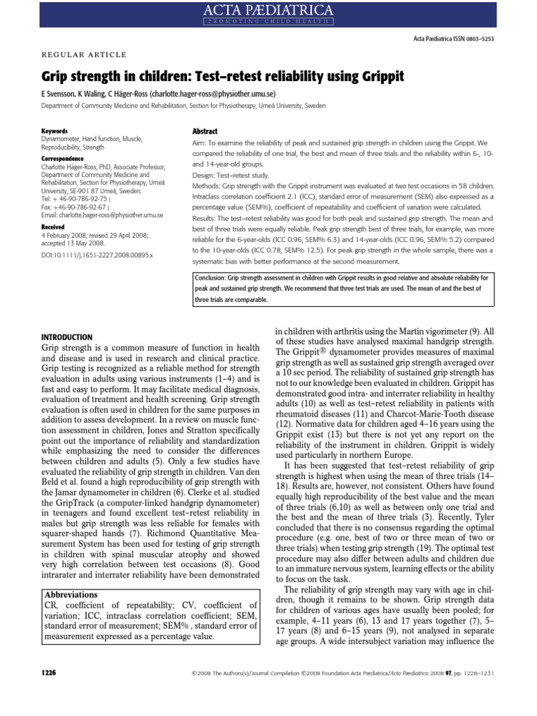 Grip Strength in Children Test-Retest Reliability Using Grippit | PDF ...