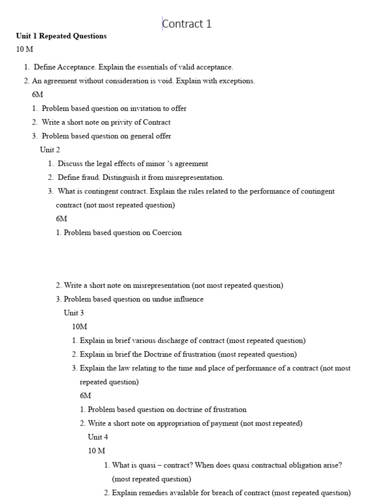 Key Concepts in Contract Law Exam Guide | PDF | Law