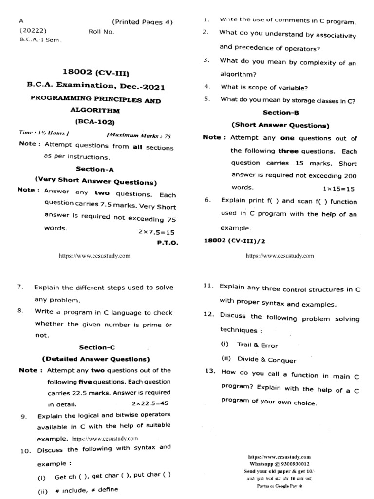 Bca 1 Sem Programming Principles and Algorithm 18002 CV 3 Dec 2021 | PDF
