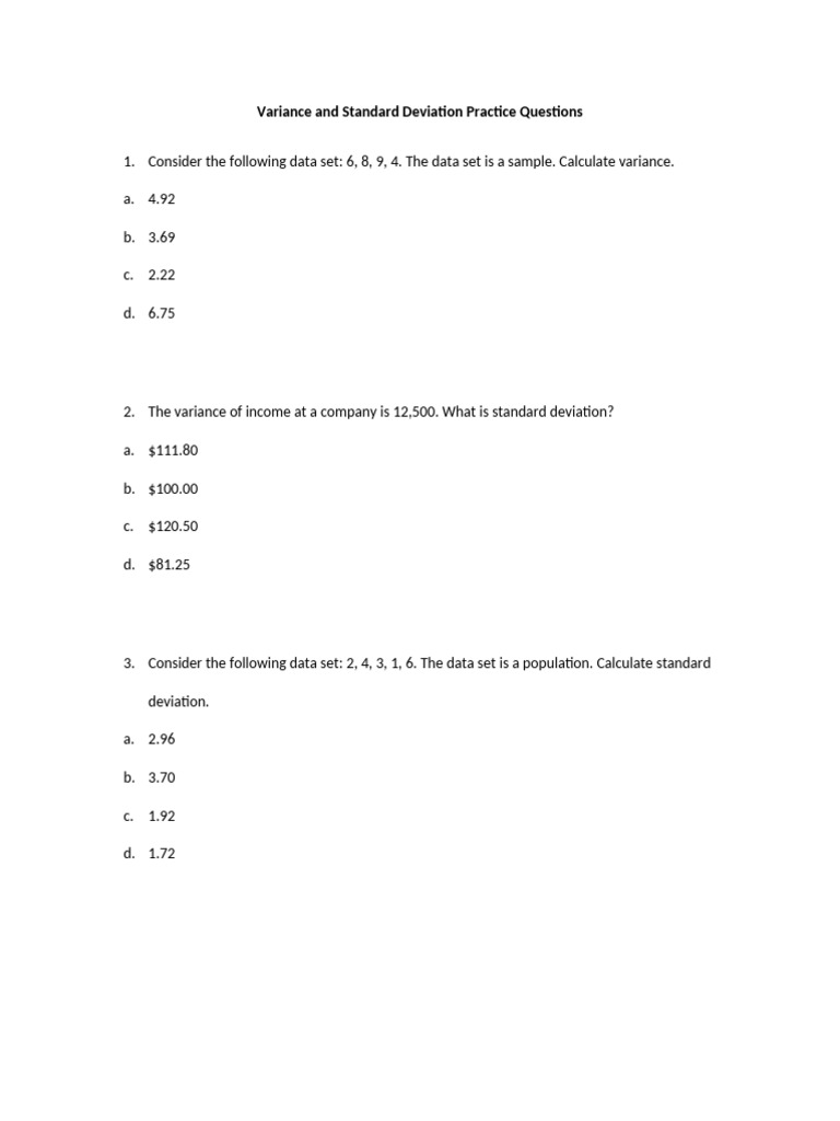 Variance And Standard Deviation Practice Questions Fall 23 Pdf