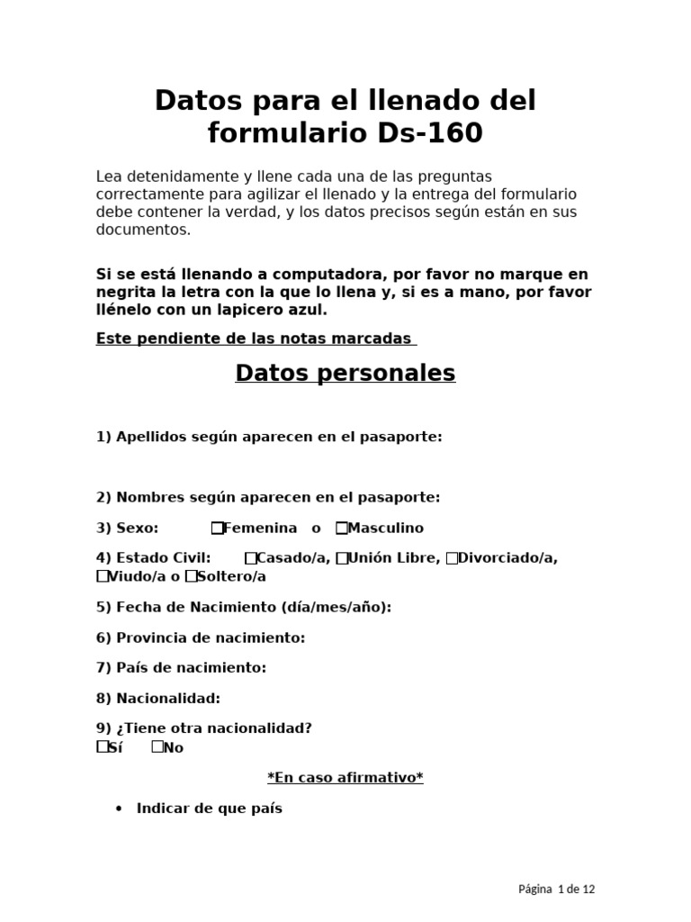 Copia de Datos Para El Formulario Ds-160 | PDF