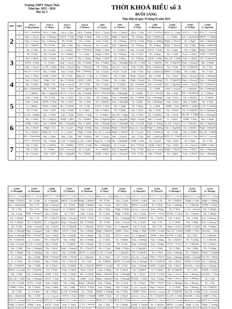 TKB So 3 Ky 2 Nam 2023 - 2024 - Thuc Hien Tu 29 - 01 - 2024 - Hoc Sinh | PDF