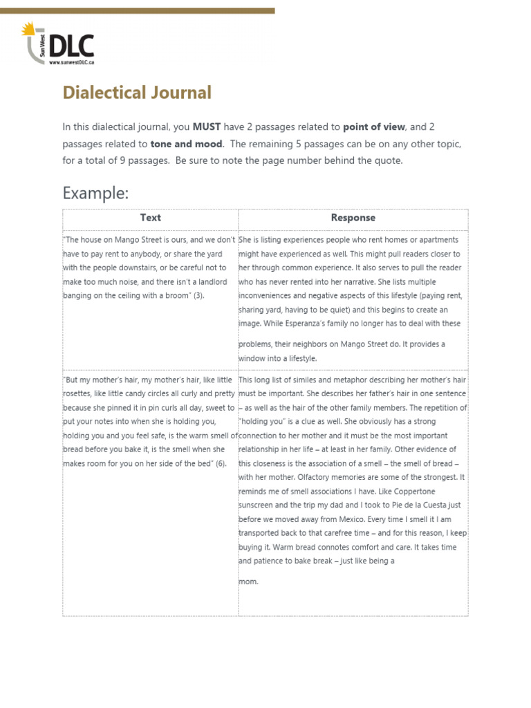 Ela 20 U01 L06 A01 Dialectical Journal | PDF