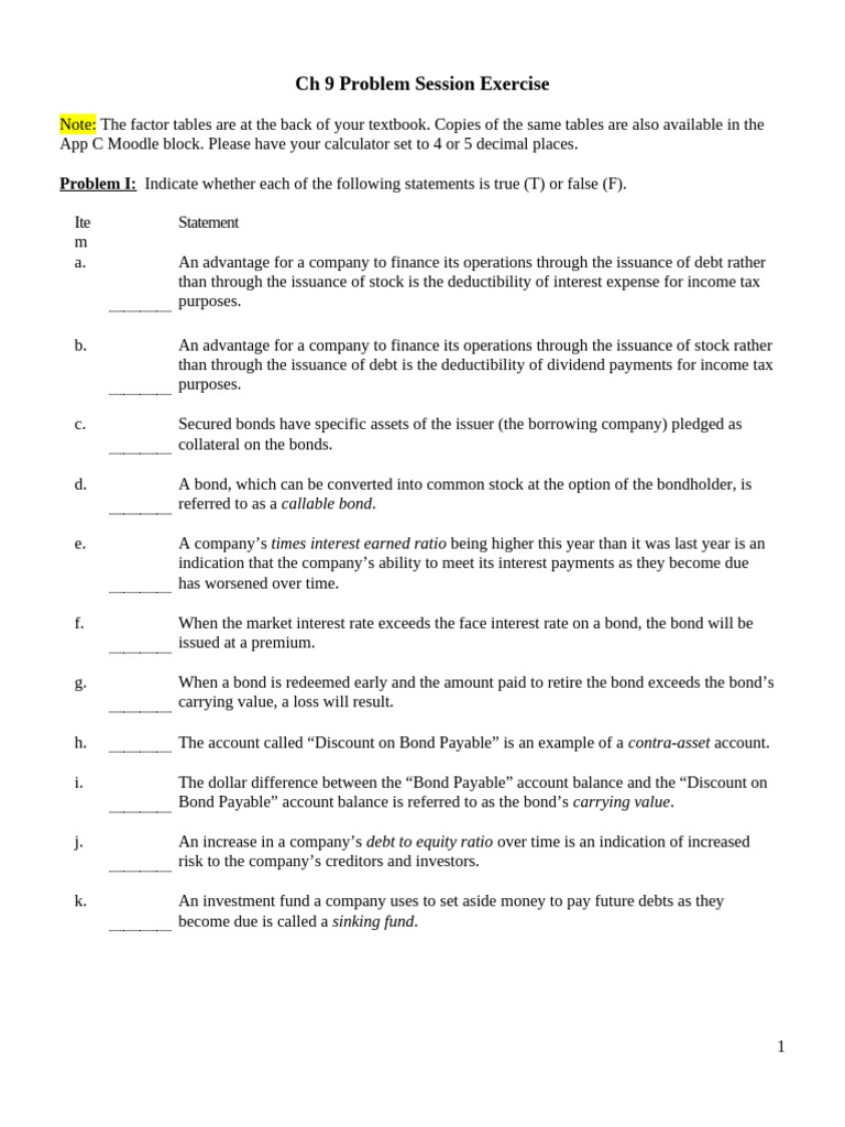 Ch 9 Problem Session Exercise | PDF