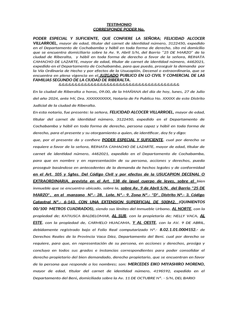 Instructiva de Poder de Proceso de Usucapion de La Señora Felicidad........................ 2024 ...